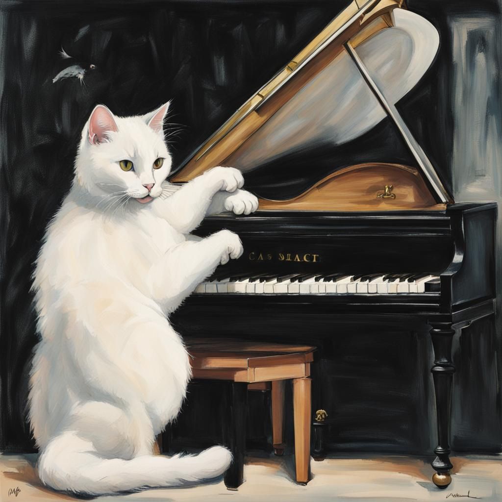 White cat on a black piano - AI Generated Artwork - NightCafe Creator