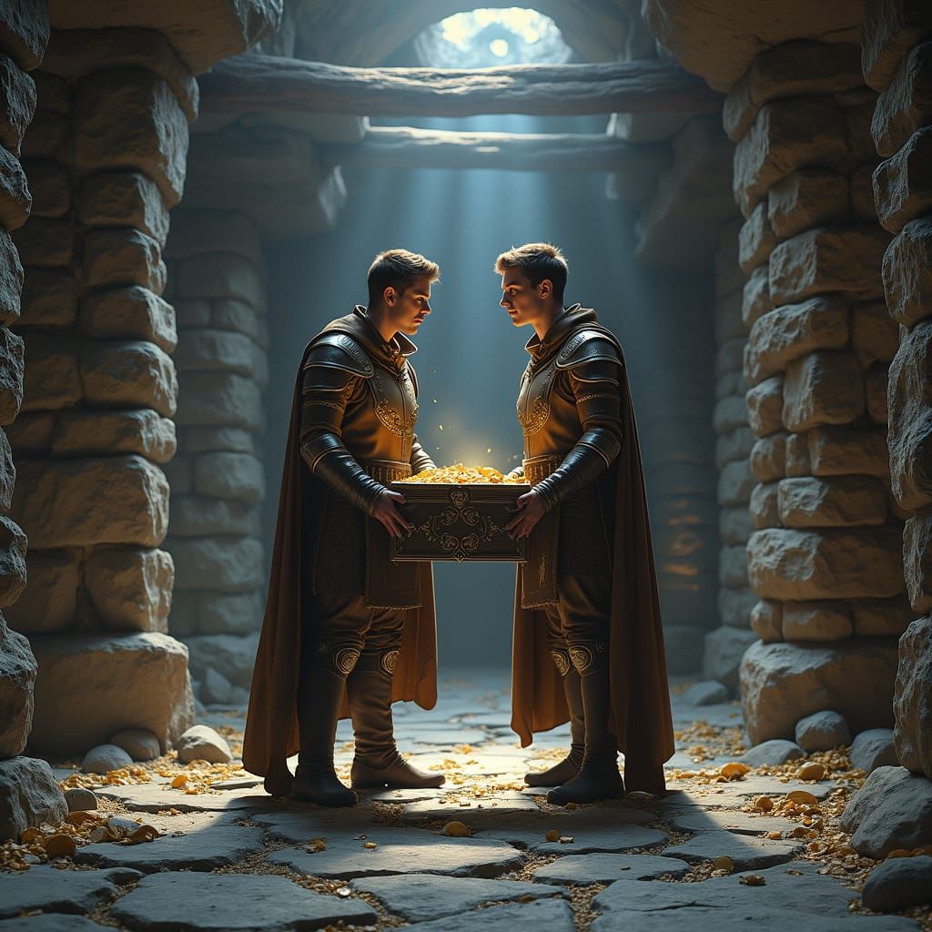 In a large chamber with rough stone walls and wooden rafters holding up ...