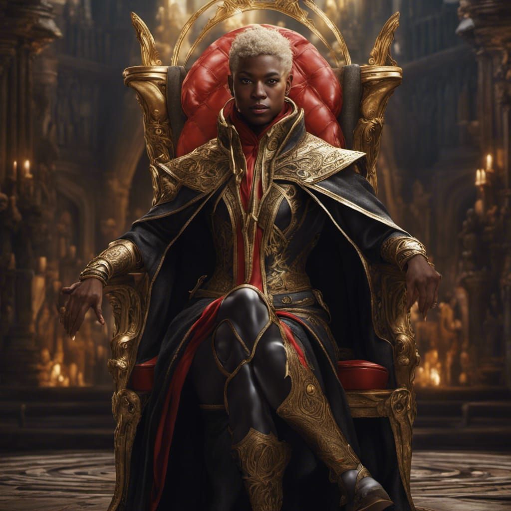 Intricately detailed, medieval style elf-black human mage, wearing gold ...