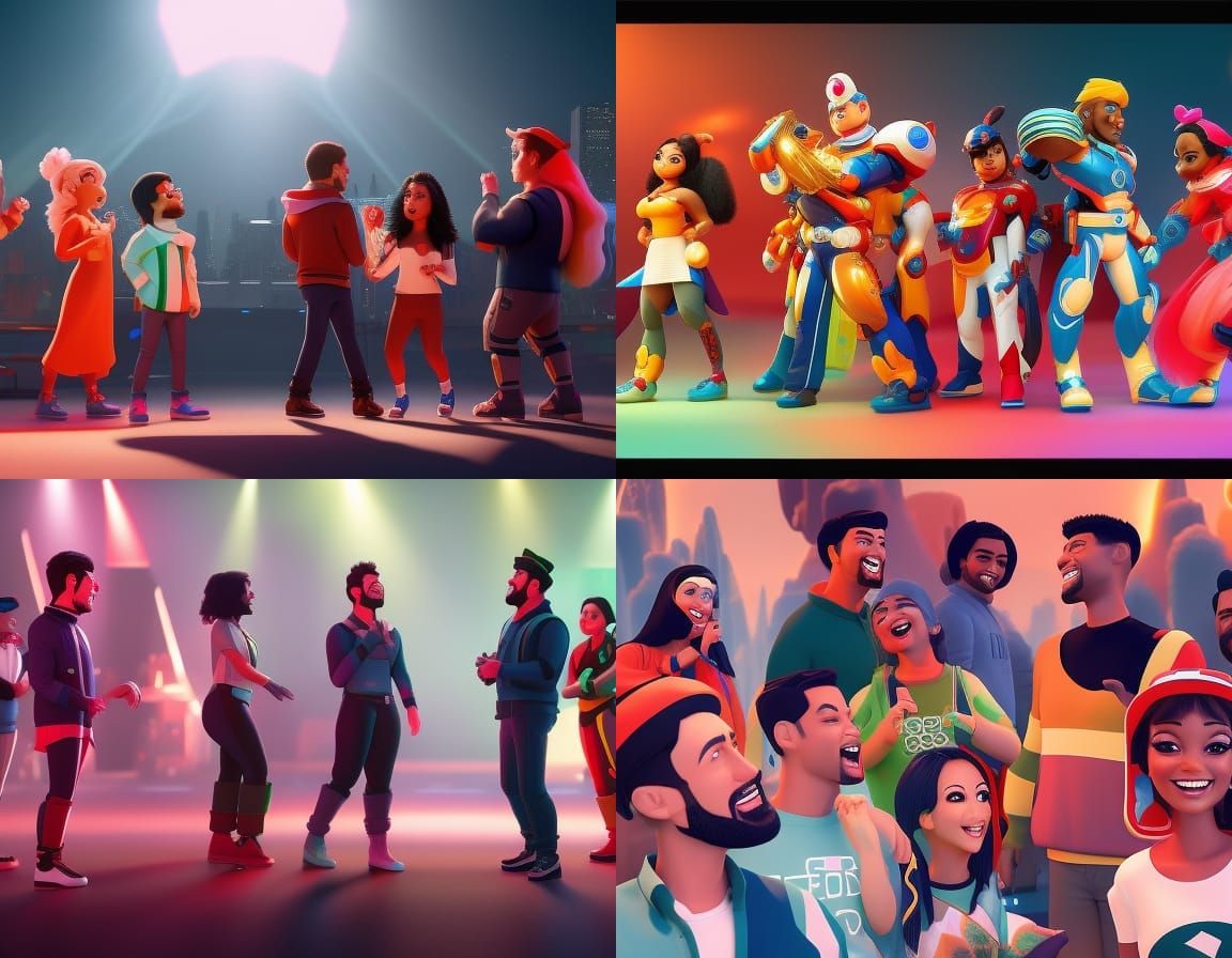 AI cartoon people talking to eachother laughing and dancing ...