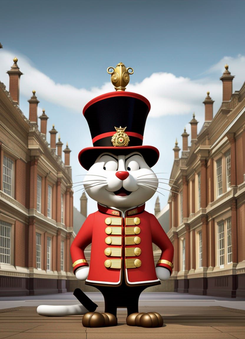anthropomorphic 3D CGI cat Beefeater outside palace who needs to sneeze ...
