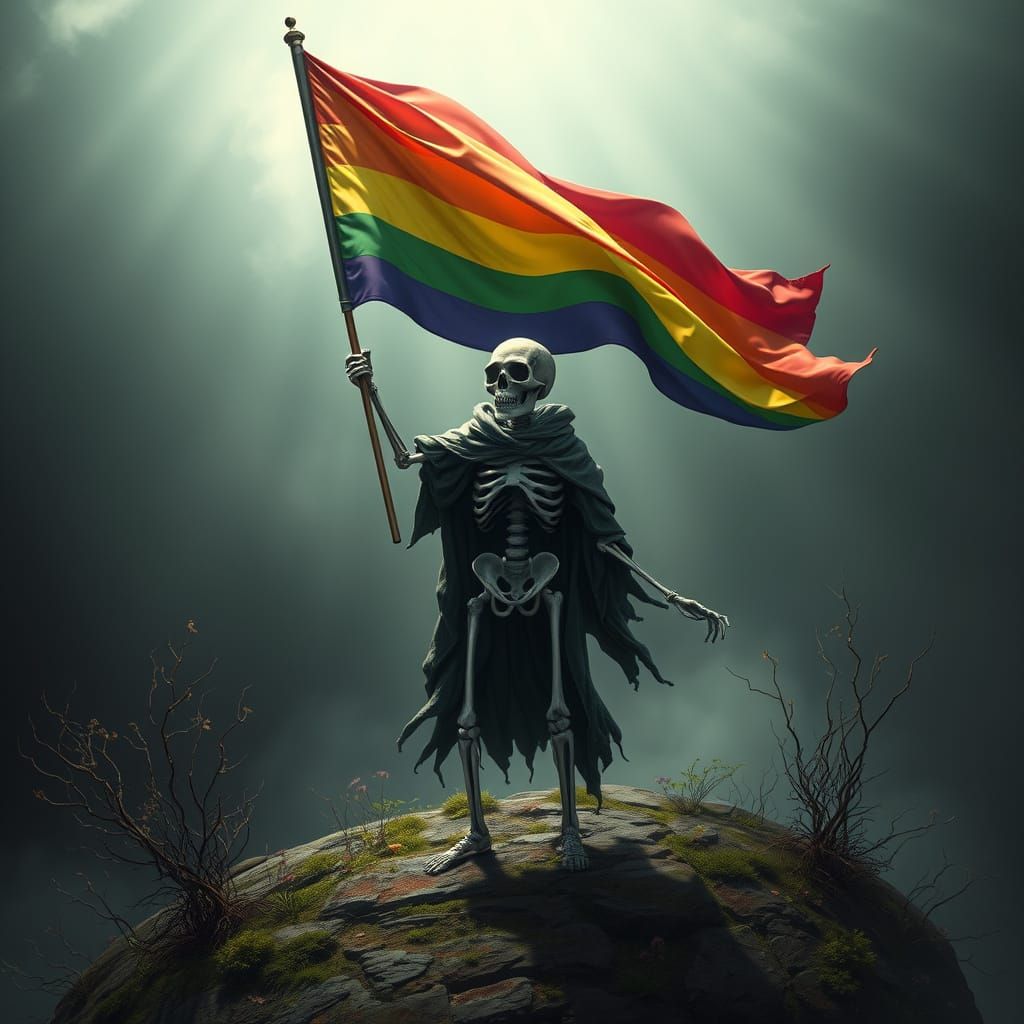 Ethereal Skeleton Waves Rainbow Flag on Mystical H... - AI Art