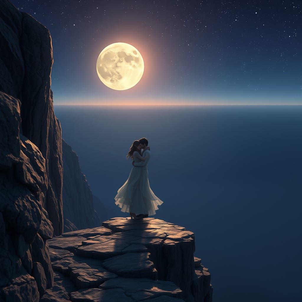 Two Lovers Share a Magical Kiss Under the Full Moo... - AI Art