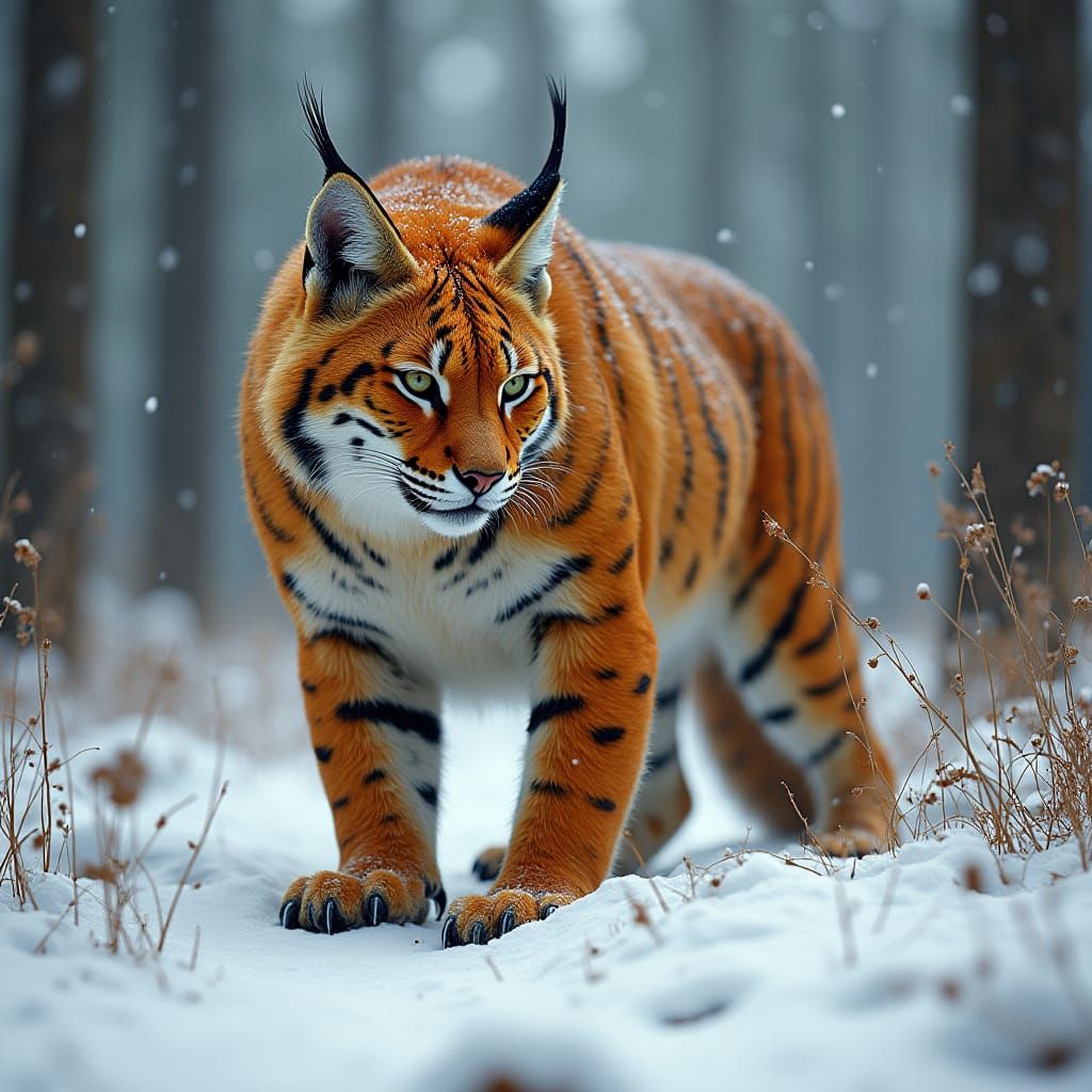 Muscular Caracal with Steel Claws in Snowy Forest - AI Art