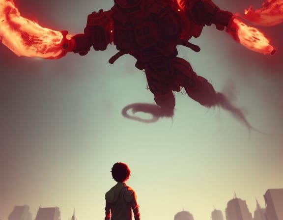 A demon floating above a burning city, posing, Monster concept art by ...