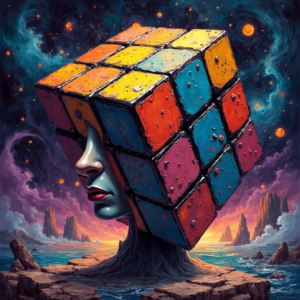 Rubik's Cube head. surrealism analogous colors Tim Burton Dan Mumford ...