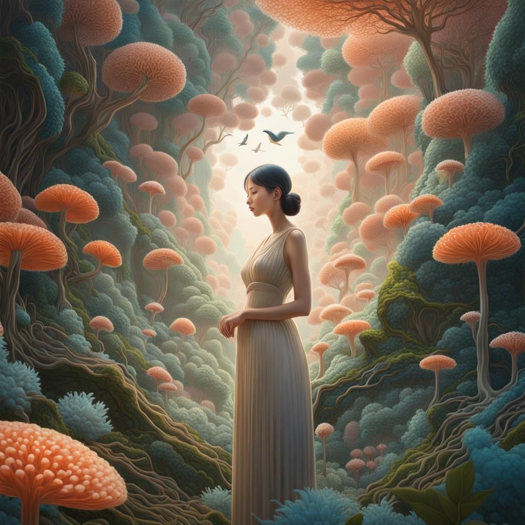 beautiful woman trapped in mycelium network in warped perspective with ...