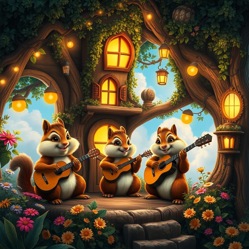 Enchanted Forest Treehouse Chipmunks Musical Gathe... - AI Art