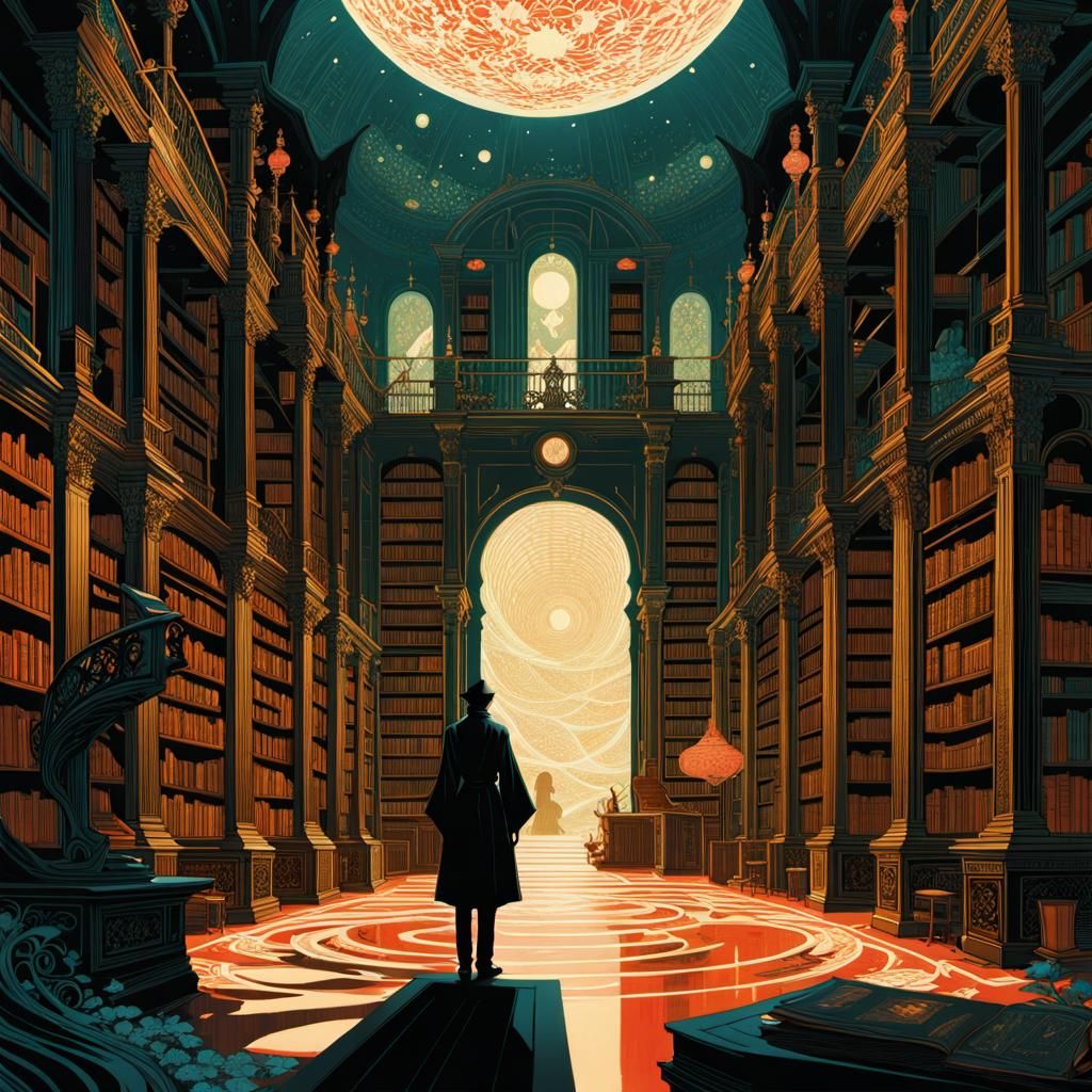 An infinite library, liminal space, surreal space, surrealist ...