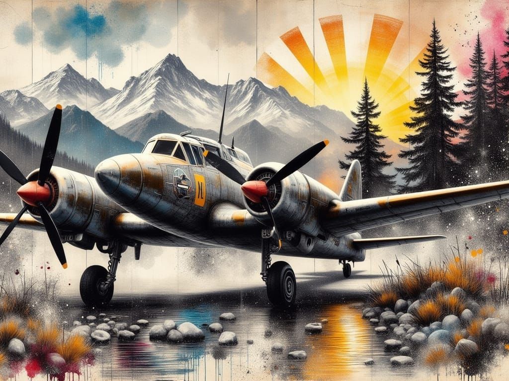 WWII fighter plane with metallic sheen, weathered paint, set against a ...