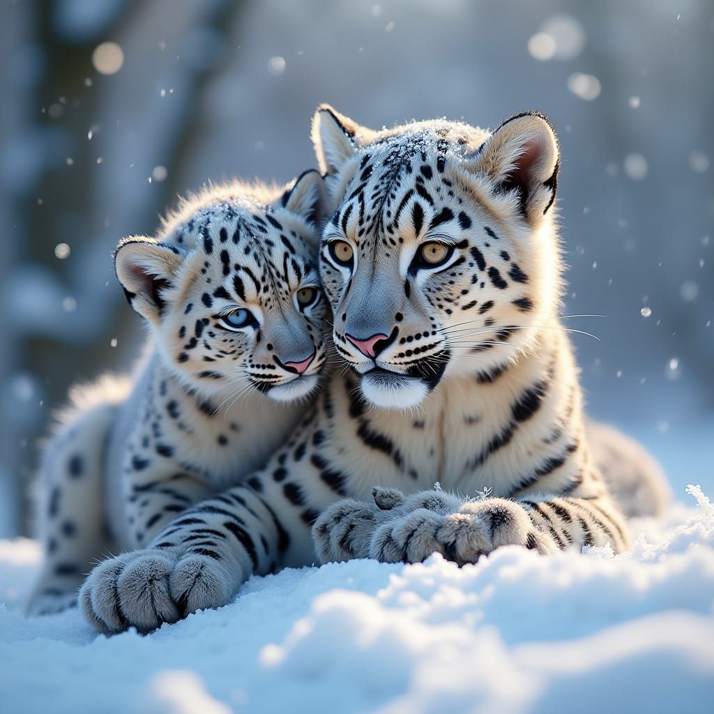 Vibrant Winter Scene: Snow Leopard Family in Spark... - AI Art