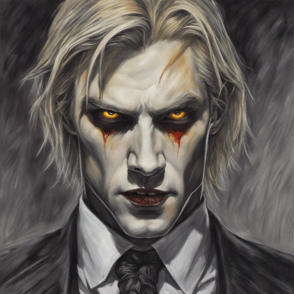 Vampire, yellow eyes, blonde hair, intense, dark, fangs, suit, enticing ...