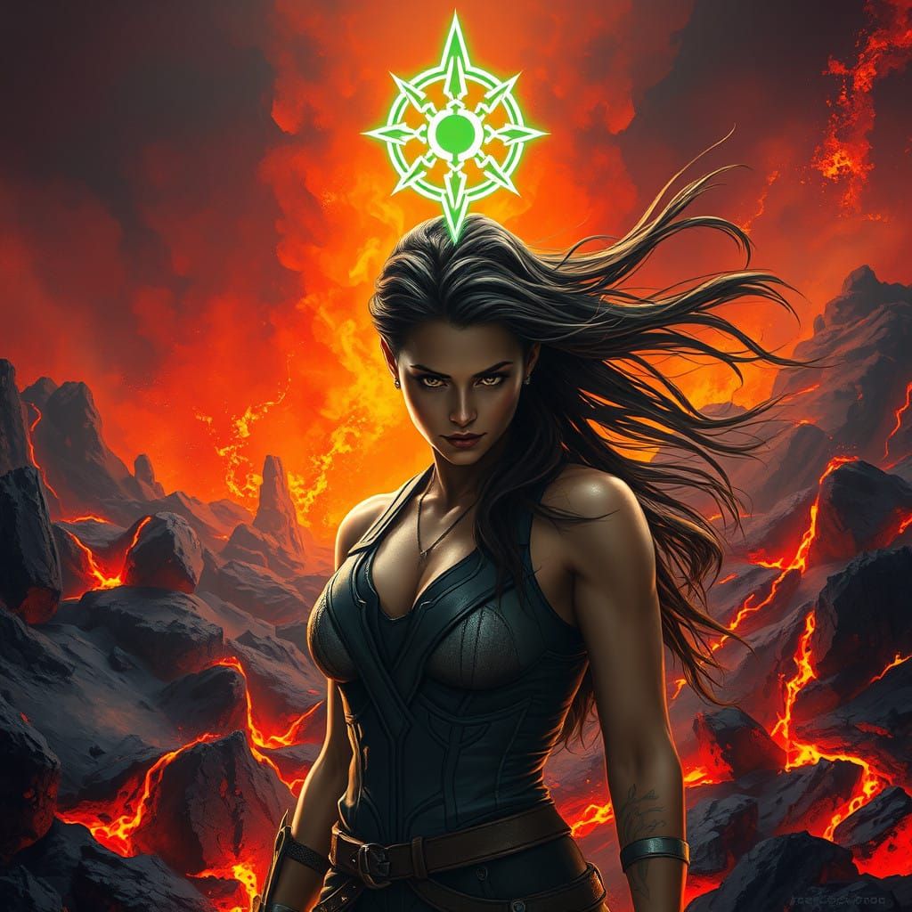 a beautiful woman, fierce face standing among the rug...