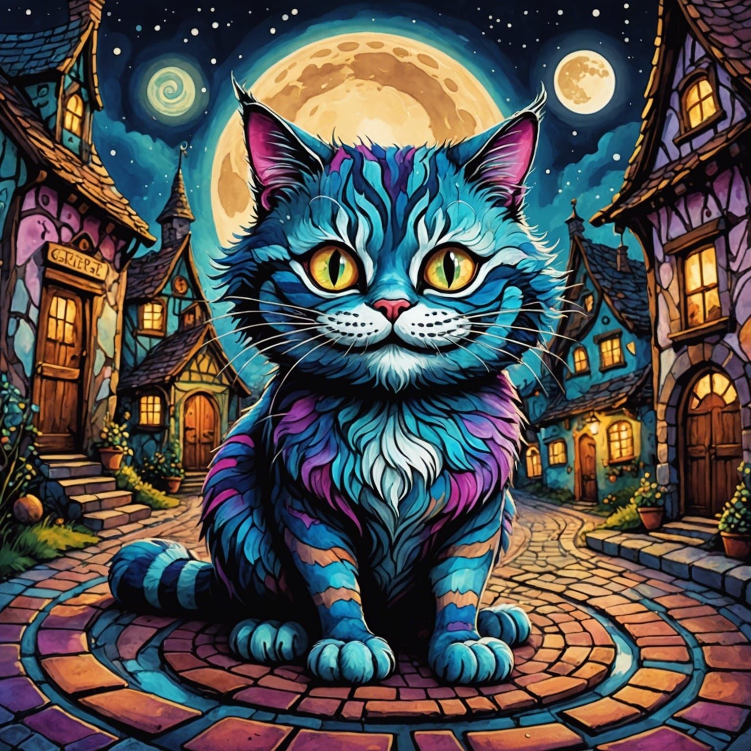 kitsch whimsical alcohol ink folk art illustration of a happy cheshire ...