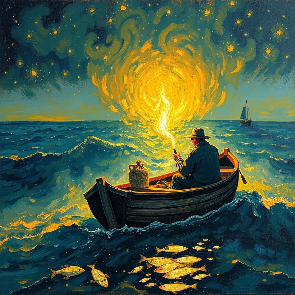 Fisherman at Night: Expressionist Oil Painting - AI Art