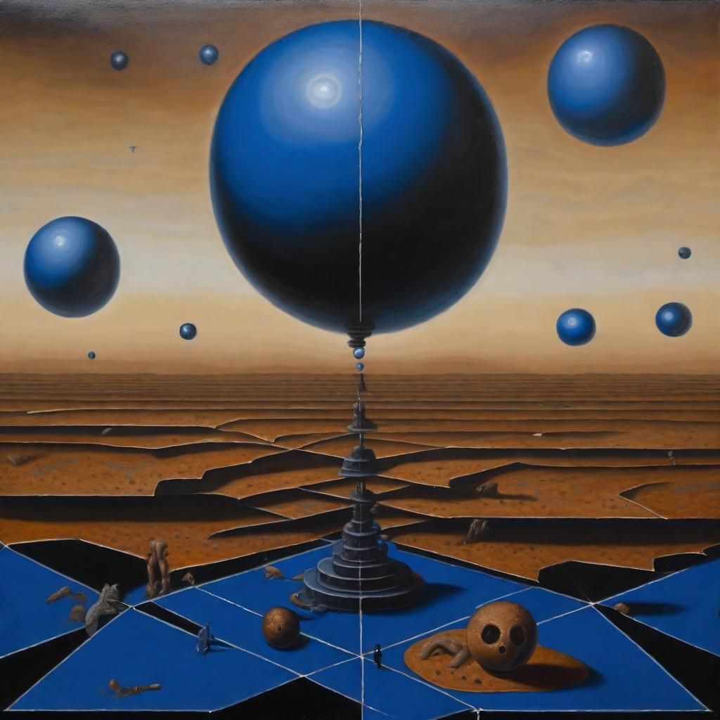 A detailed surreal rule-of-thirds oil painting of outwardly meaningless ...