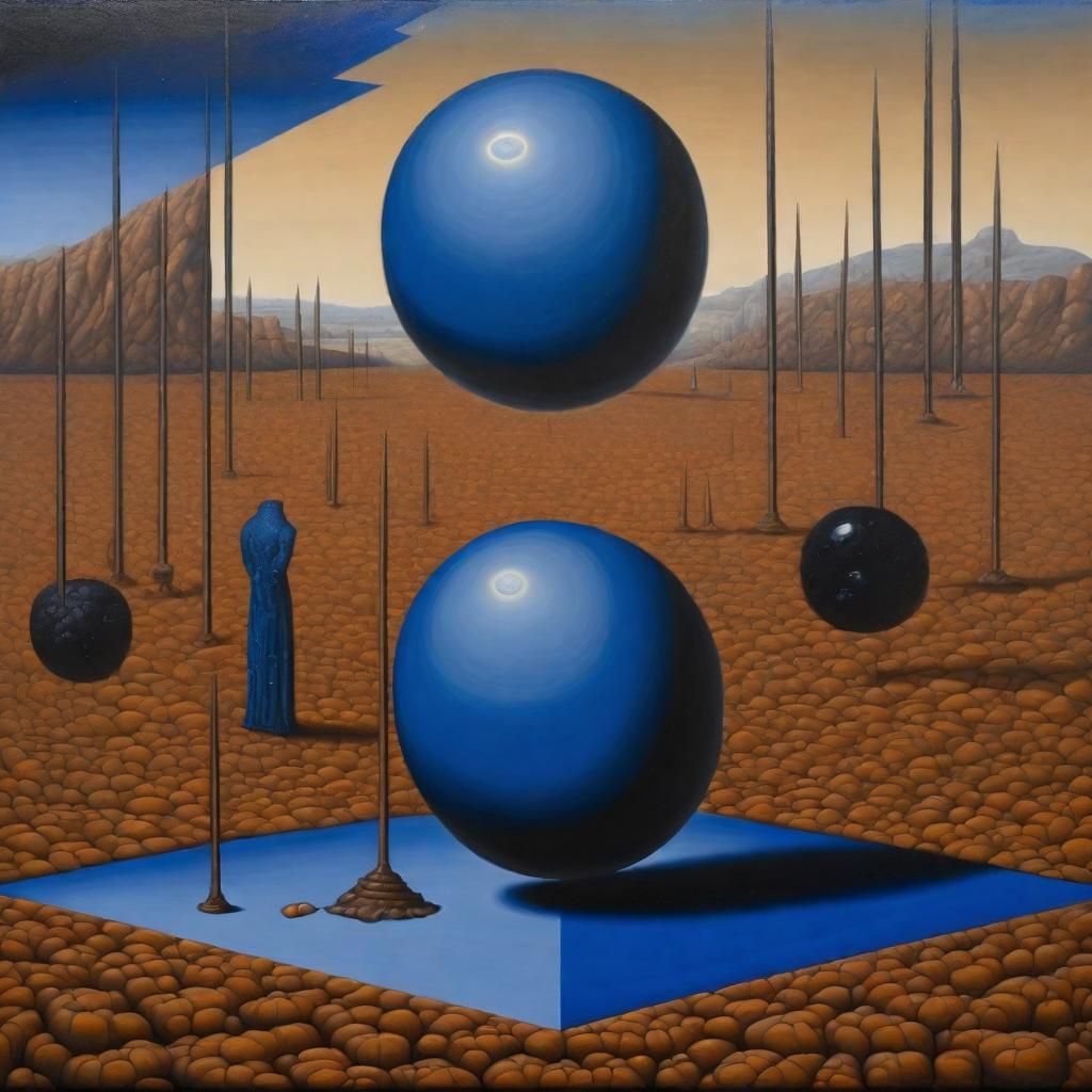 A detailed surreal rule-of-thirds oil painting of outwardly meaningless ...