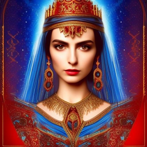 Turkish princess, perfect face, black hair, stars, blue, red, Arabic ...