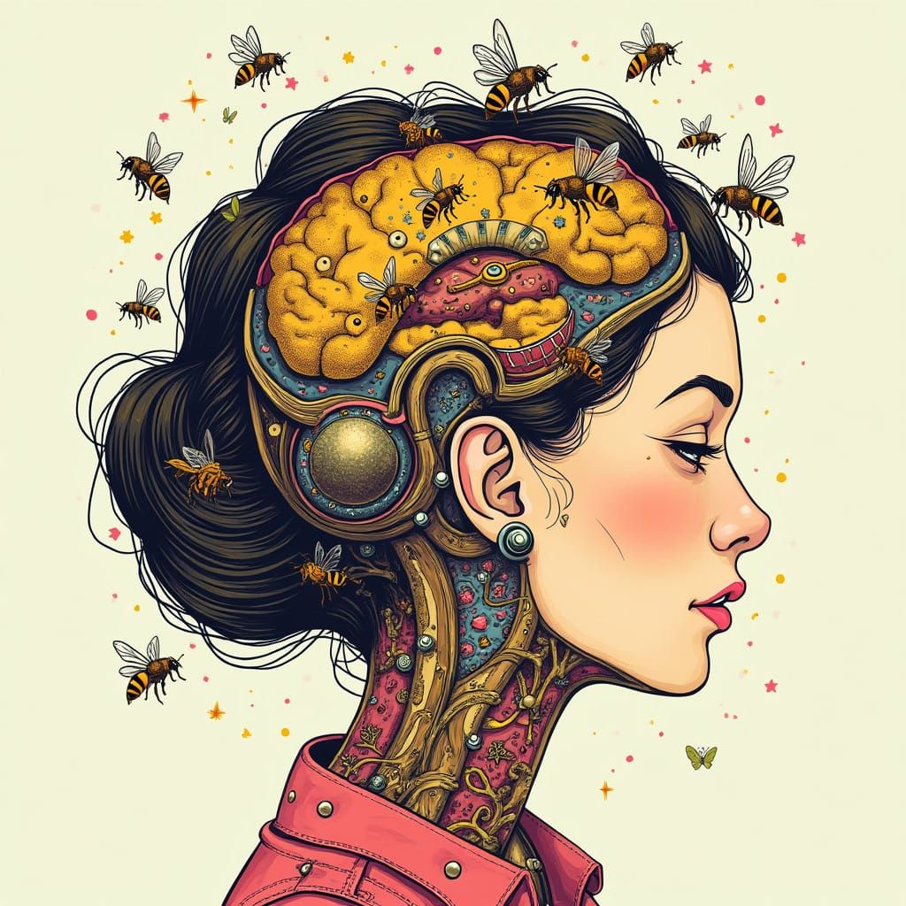 Surreal Woman's Head with Busy Bees Operating Her ... - AI Art