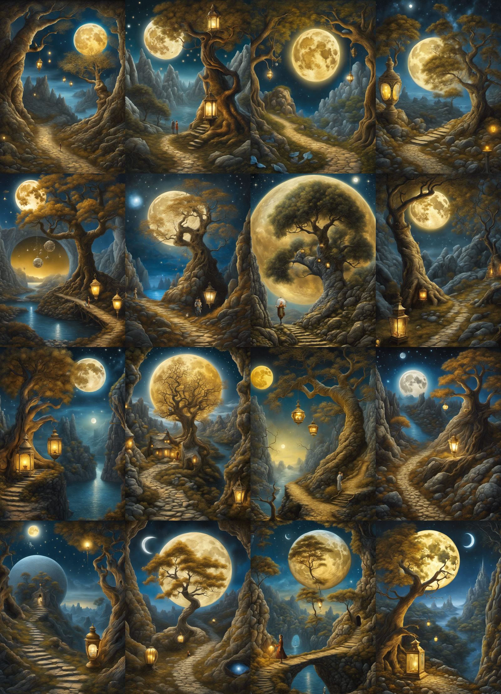 Magical Landscape. Night. Moon and Stars. Tree. In the style of Michael ...