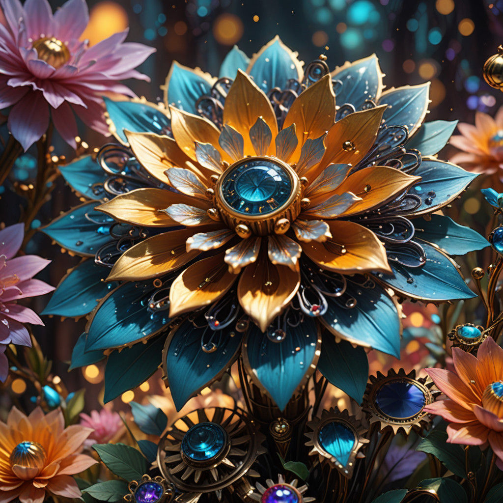 A clockwork flower unfurling its gears and petals.