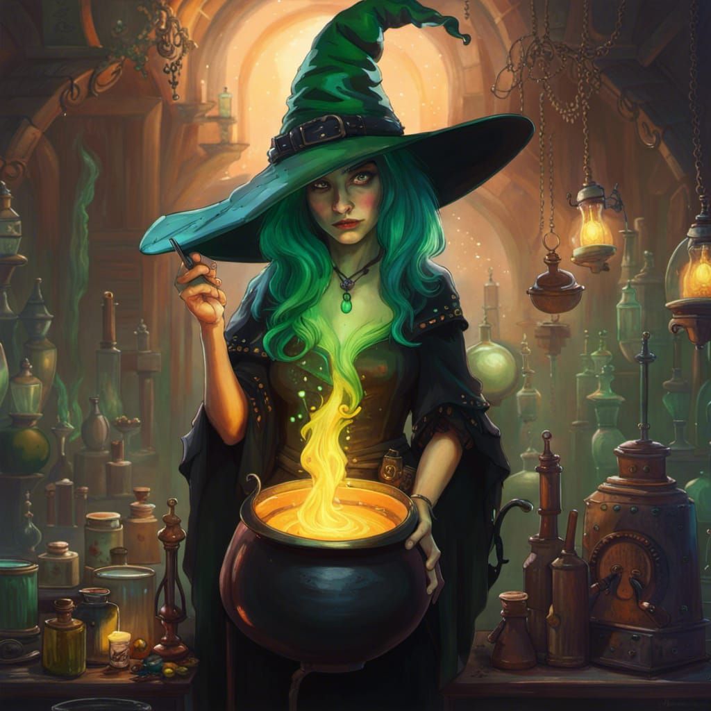 A Green-Haired Witch Wearing A Point Black Witches Hat and Making A ...