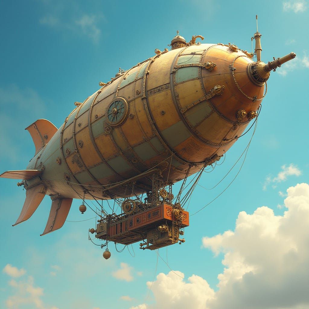 Steampunk Blimp Soars Through a Brilliant Blue Sky - AI Art