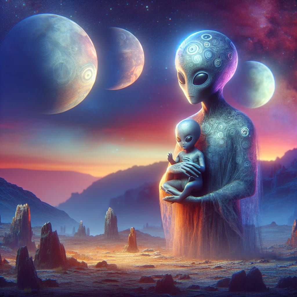 Opaque mother alien hugging a baby alien watching three moon sunset on ...