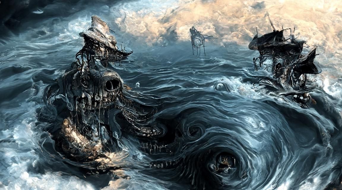 A mysterious and haunting image of a skeleton pirate ship swirling in a ...