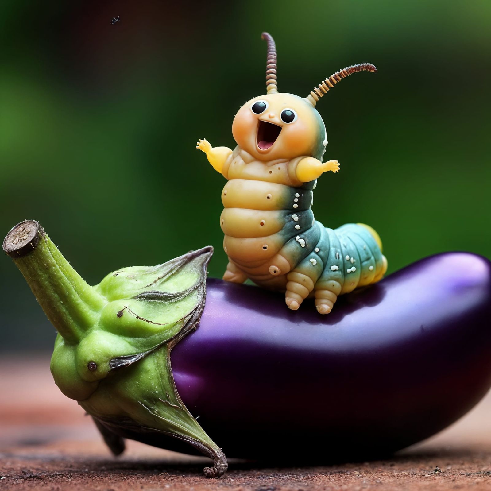Fluorescent Caterpillar Rodeo on an Eggplant - AI Art