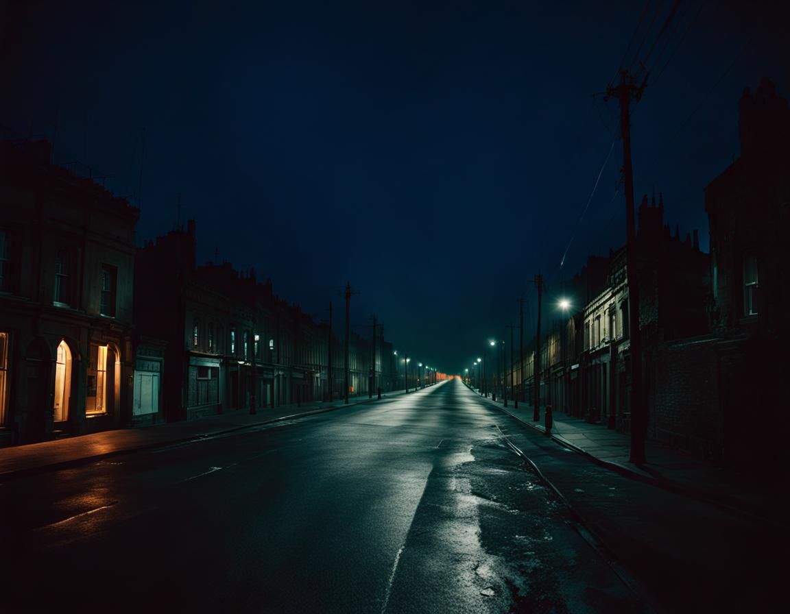 A Street at night is only lit up on one side of the street, leaving the ...