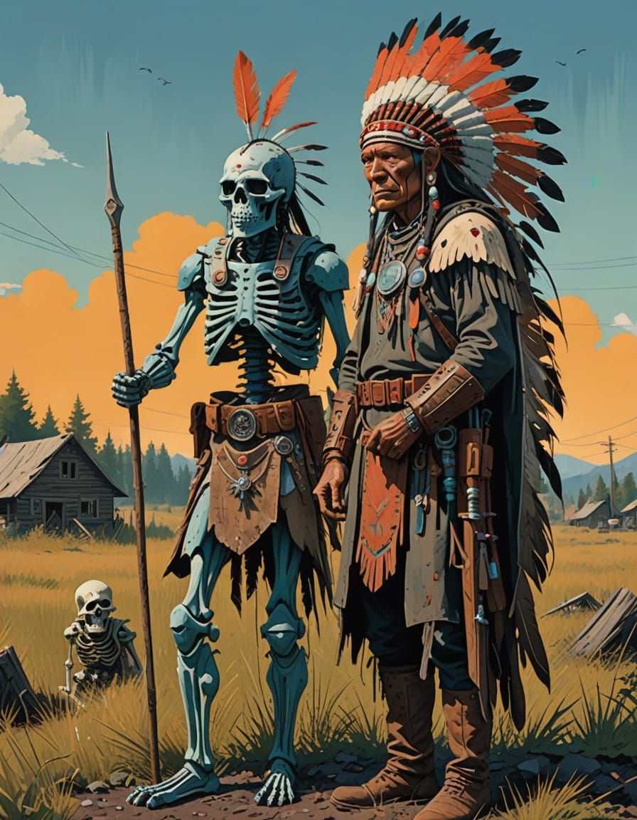An Indian Chief and Skeleton Warrior Guarding the Community Village.