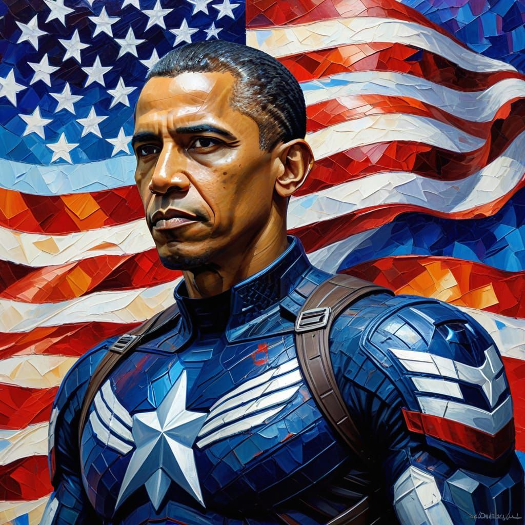 Obama as Captain America, Neo-Impressionist Oil Pa... - AI Art