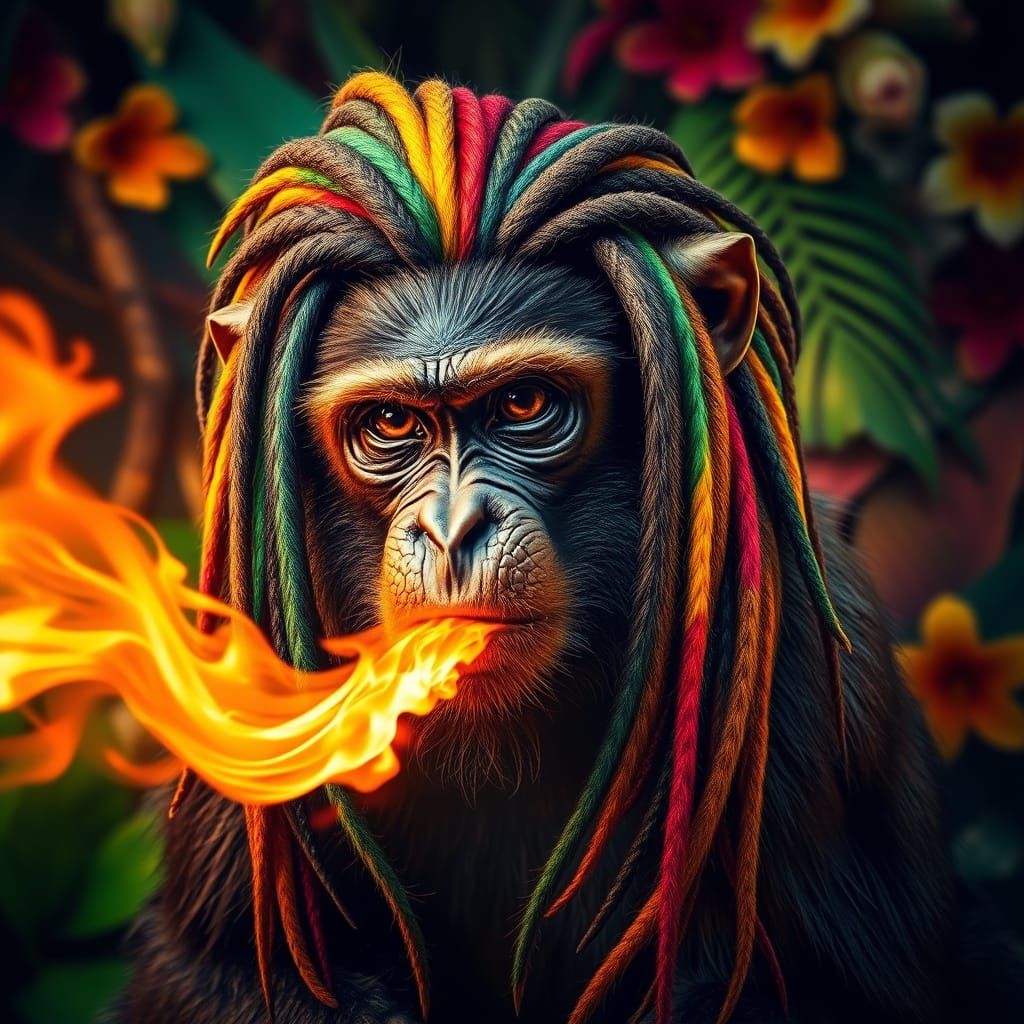 Vibrant Jamaican Monkey Breathing Fire with Rainbo... - AI Art
