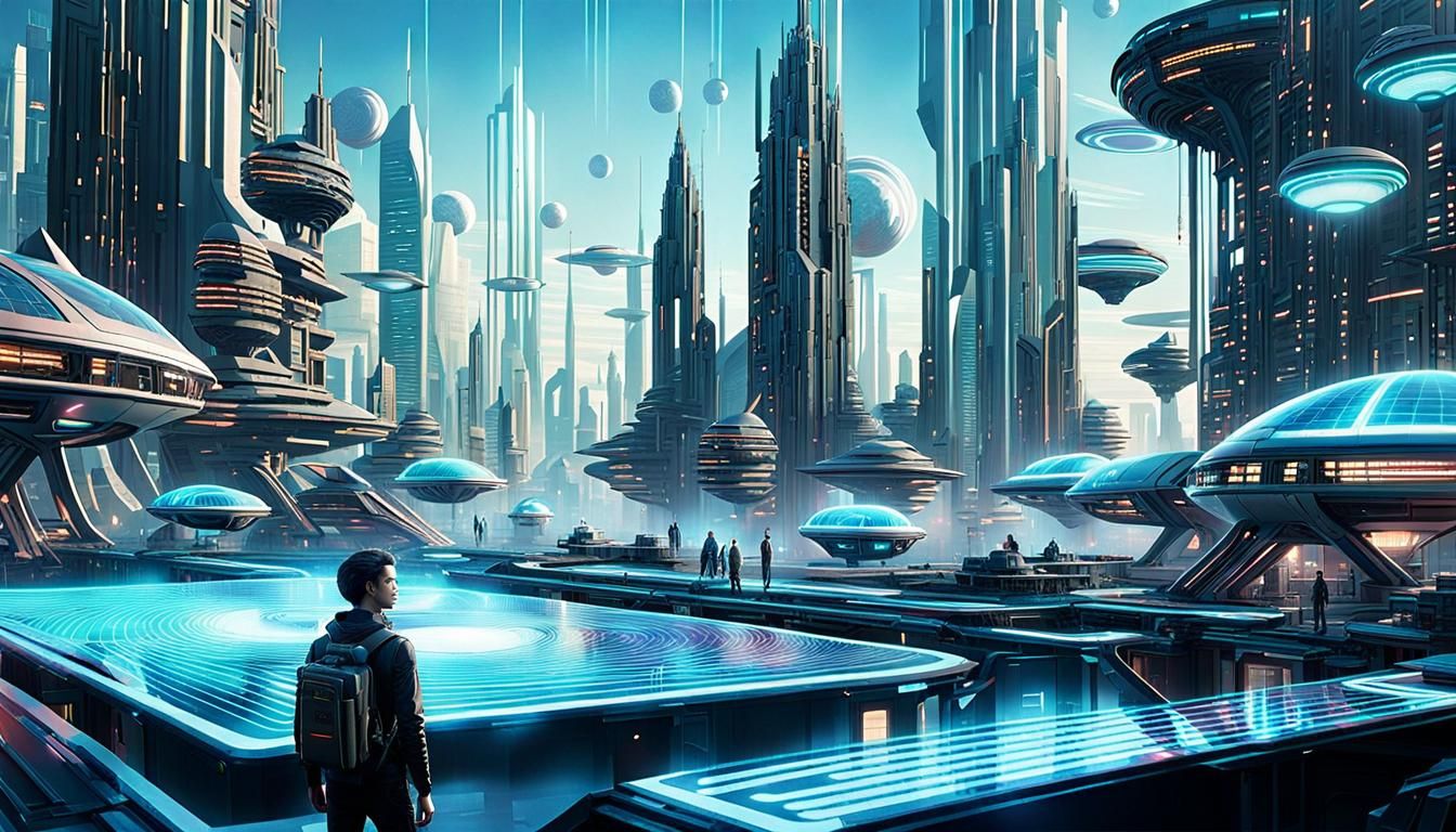 A surreal and futuristic scene where the protagonist, waking up in the ...