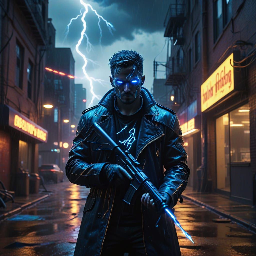 Cyberpunk Supervillain Controls Weather with Light... - AI Art