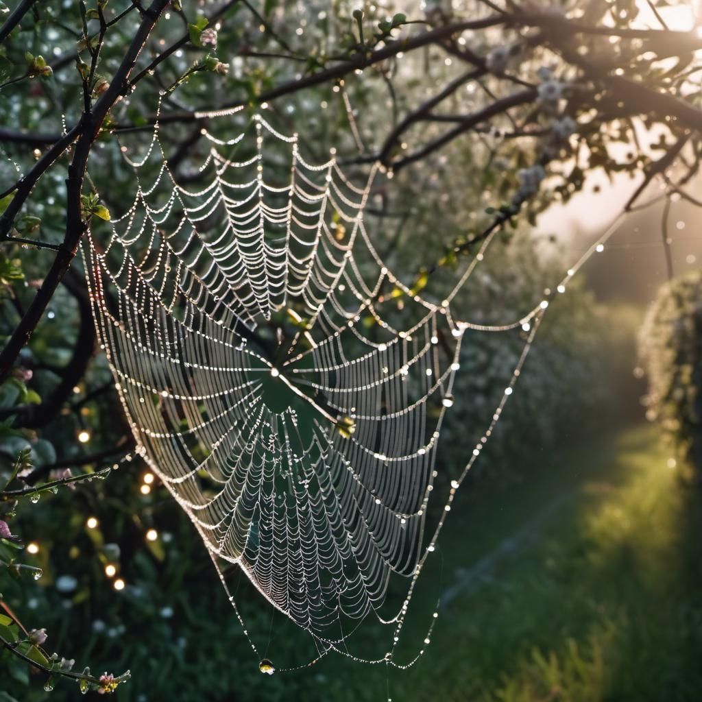 Spider web stretched across a flowering tree. dew drops. Lights pass ...