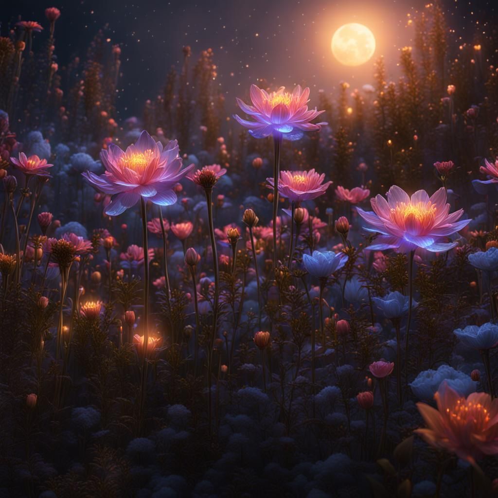 Glowing flowers at night - AI Generated Artwork - NightCafe Creator