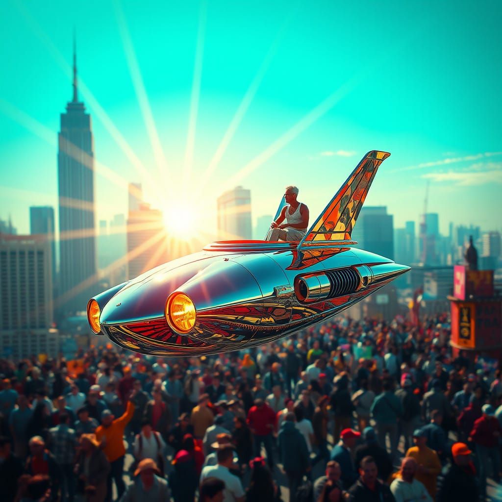 Retro Futuristic Flying Car in Vibrant 60's Citysc... - AI Art
