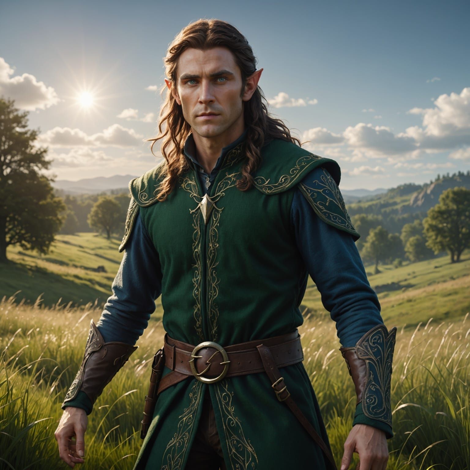 A tall handsome male elf with very long brown hair, blue eyes,wearing ...
