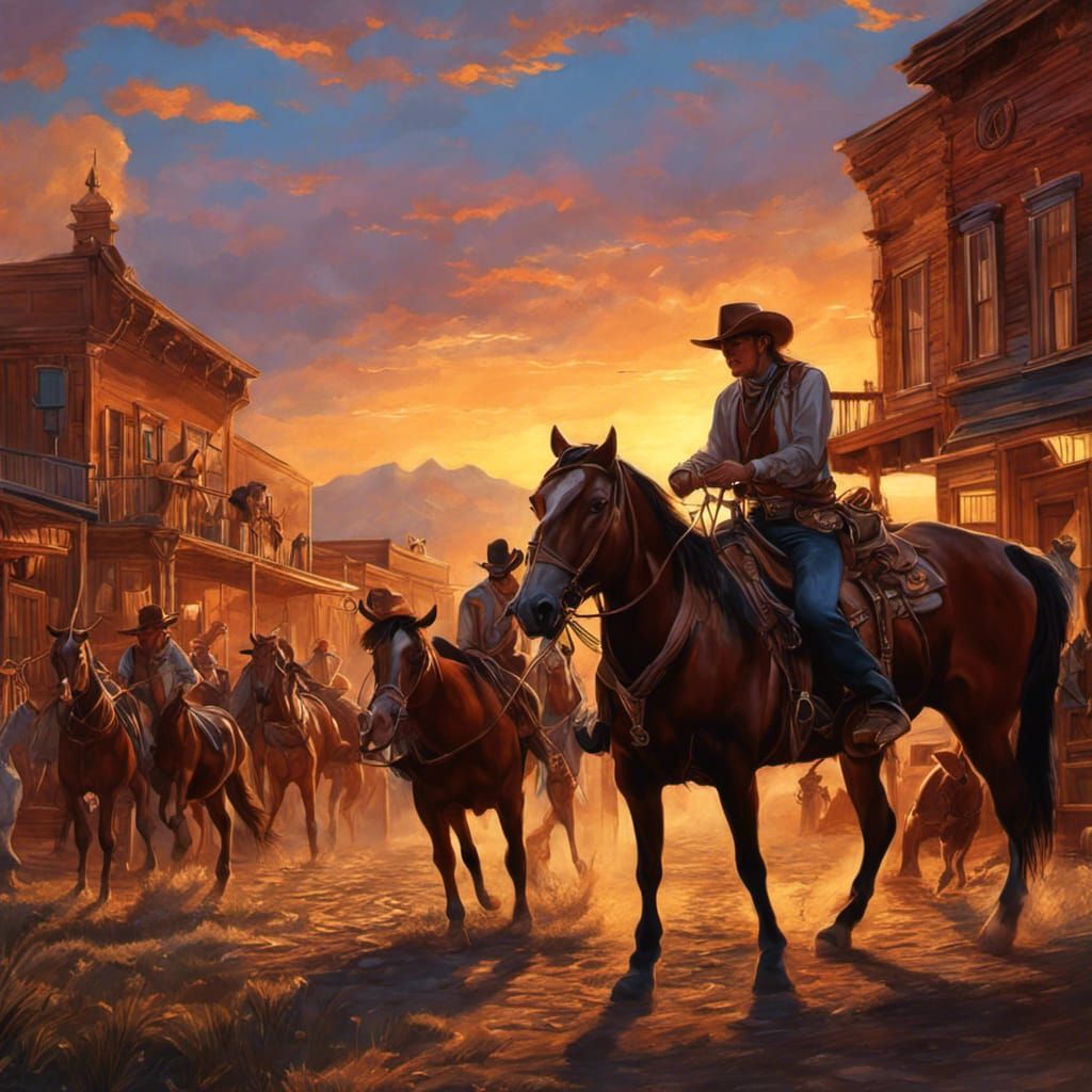 Picturesque sunset Western scene with cowboys and cowgirls roping cows ...