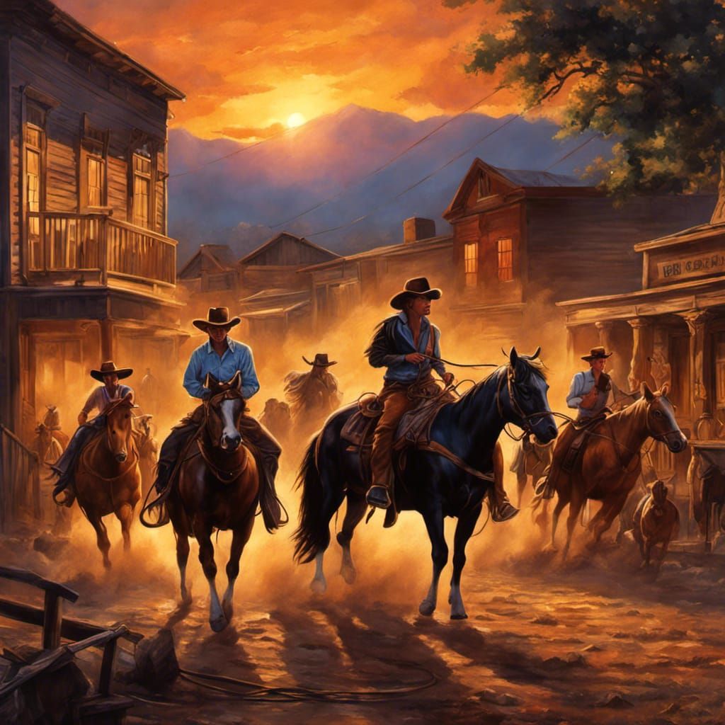 Picturesque sunset Western scene with cowboys and cowgirls roping cows ...