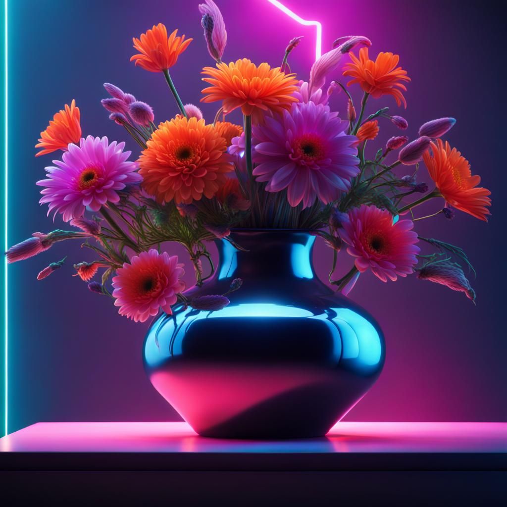 a contemporary still life featuring a vase of artificial, neon-hued ...