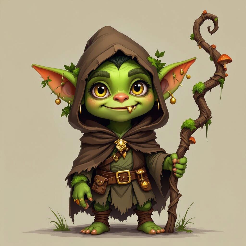 Green Goblin with Gold Piercings and Mossy Staff - AI Art