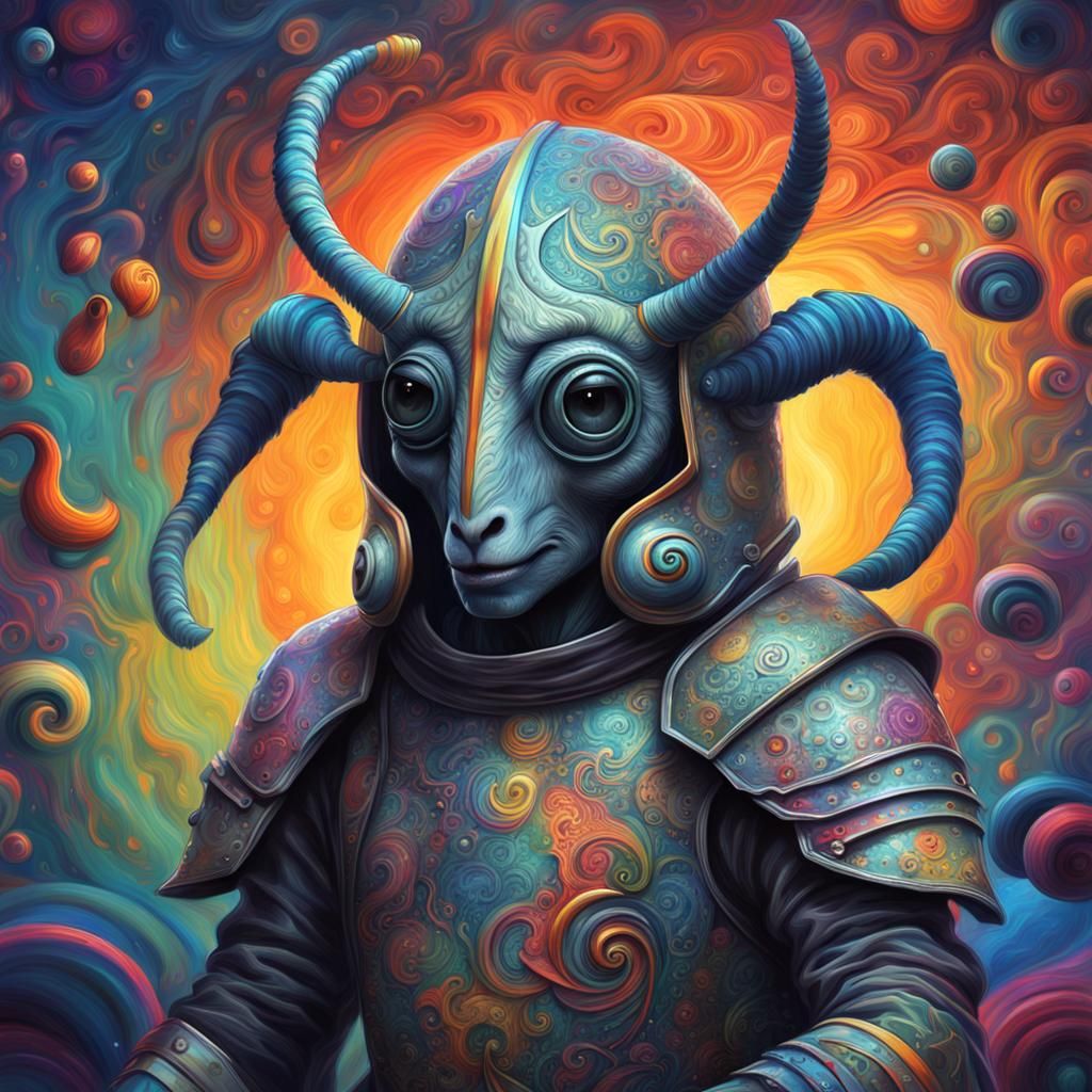 Psychedelic Weird creepy creature wearing a knight helmet,horse ears ...