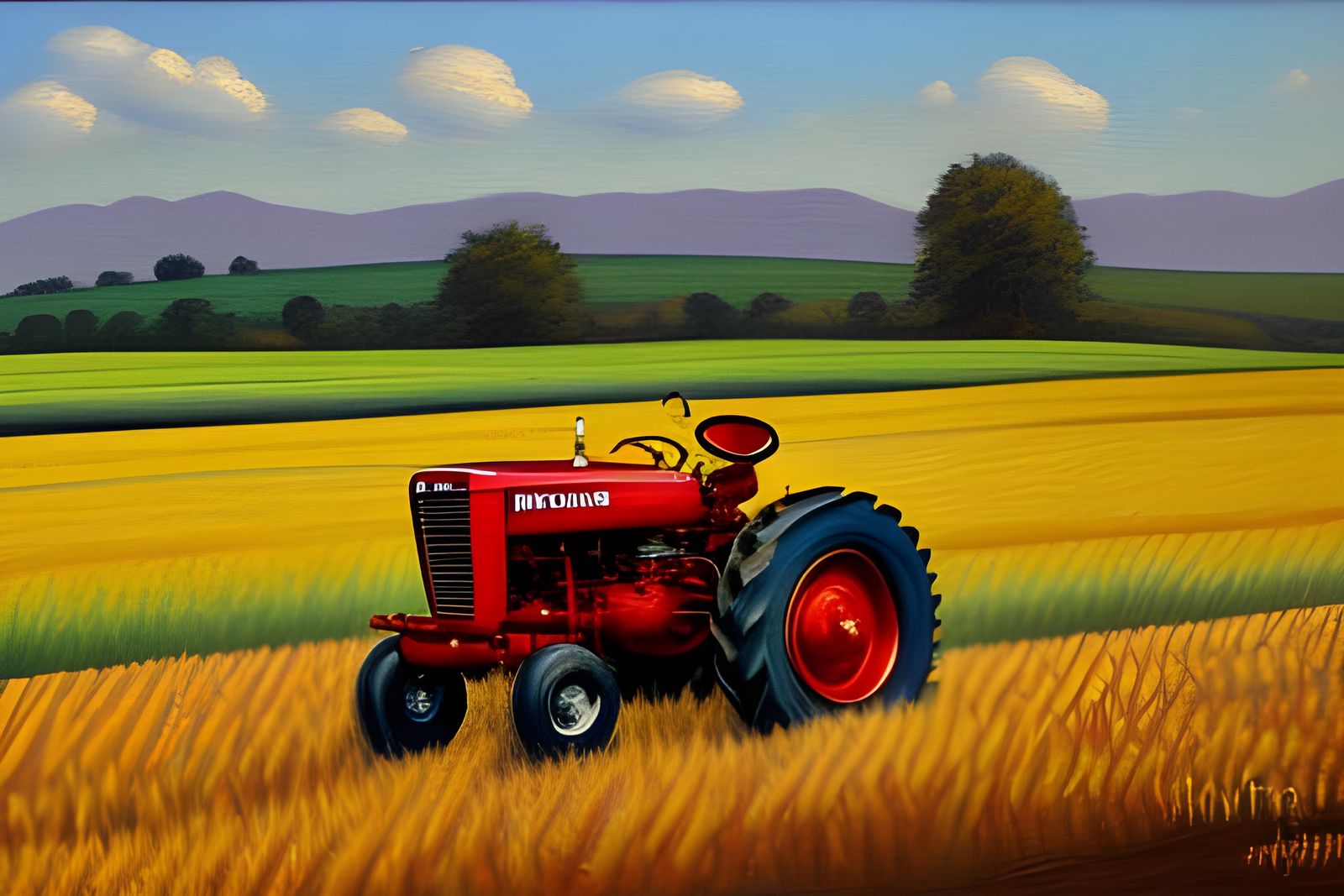 Shiny 1950 Farmall Tractor in a crop field, crepuscular, oil painting ...