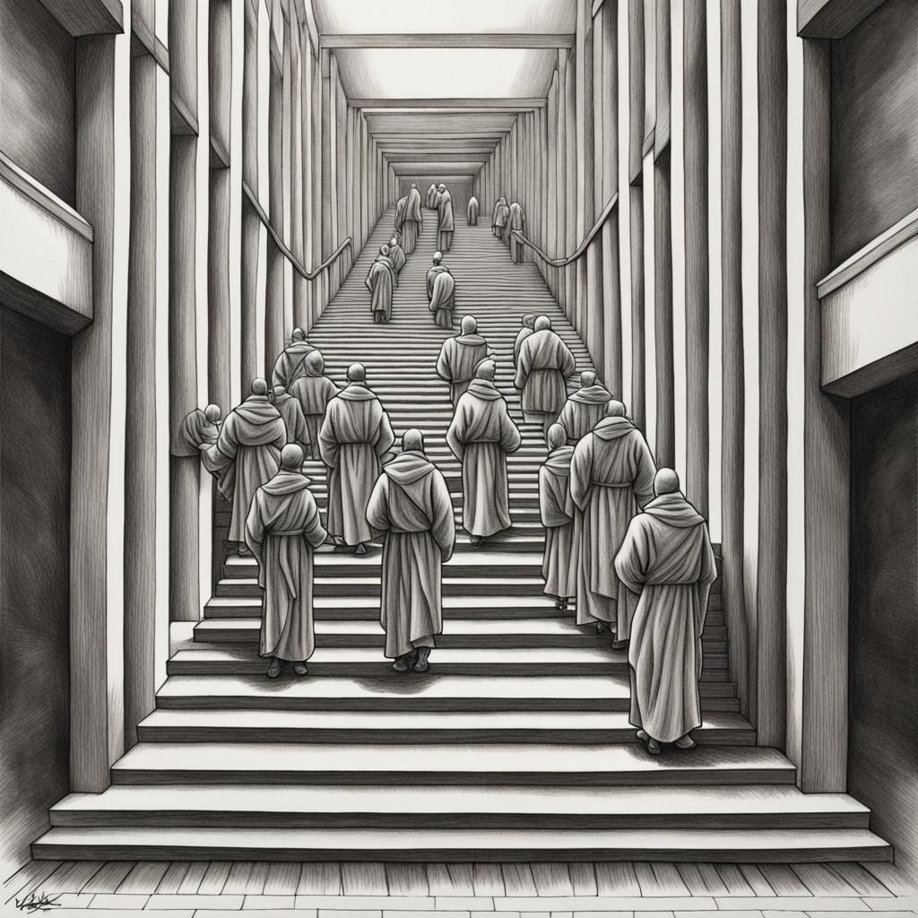 MC Esher drawing of monks walking an infinite staircase. - AI Generated ...