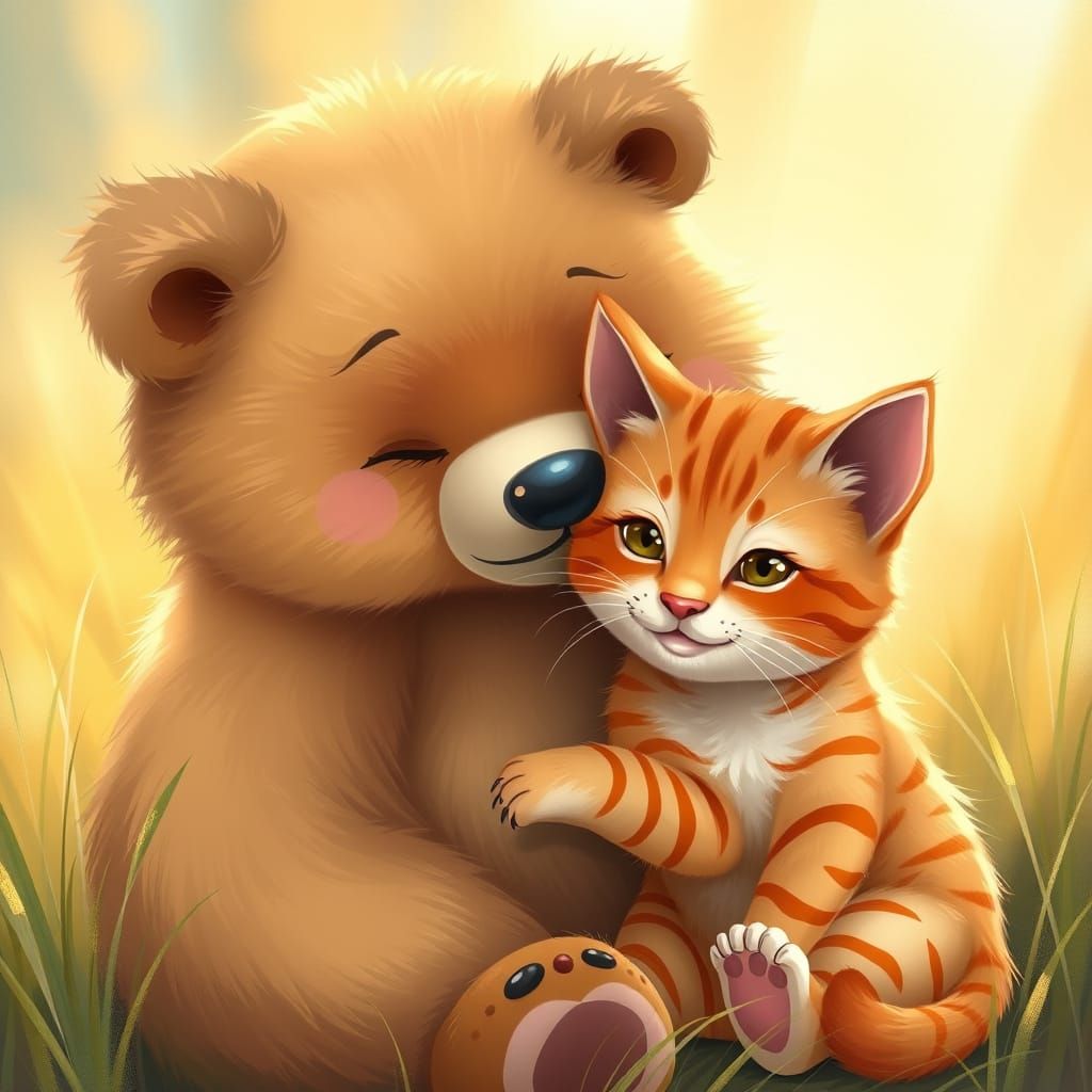 A cute bear, sharing a tender, affectionate nuzzle with a playful ...