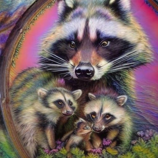 a beautiful portrait of a giant raccoon with two babies,under glass ...