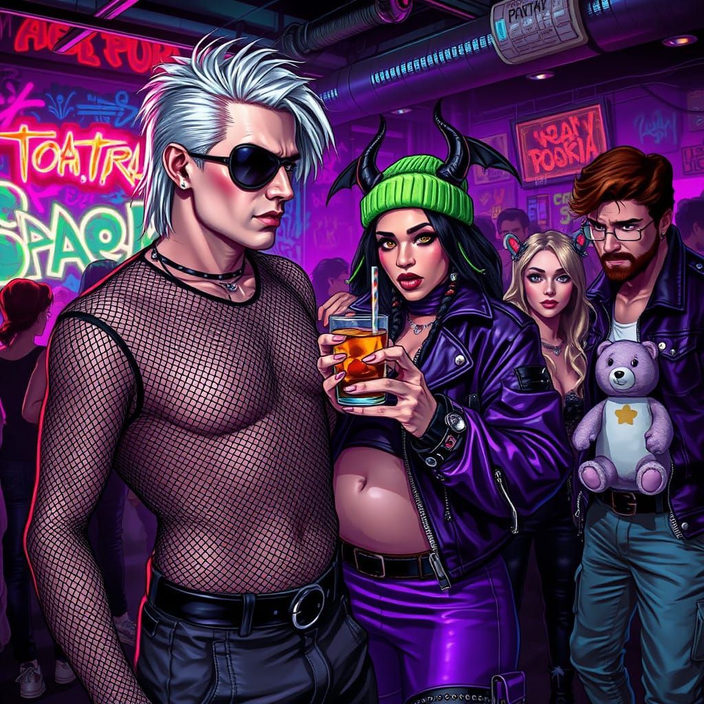 A dimly lit, neon-drenched punk club setting with bold graffiti walls and a crowded dance floor ...